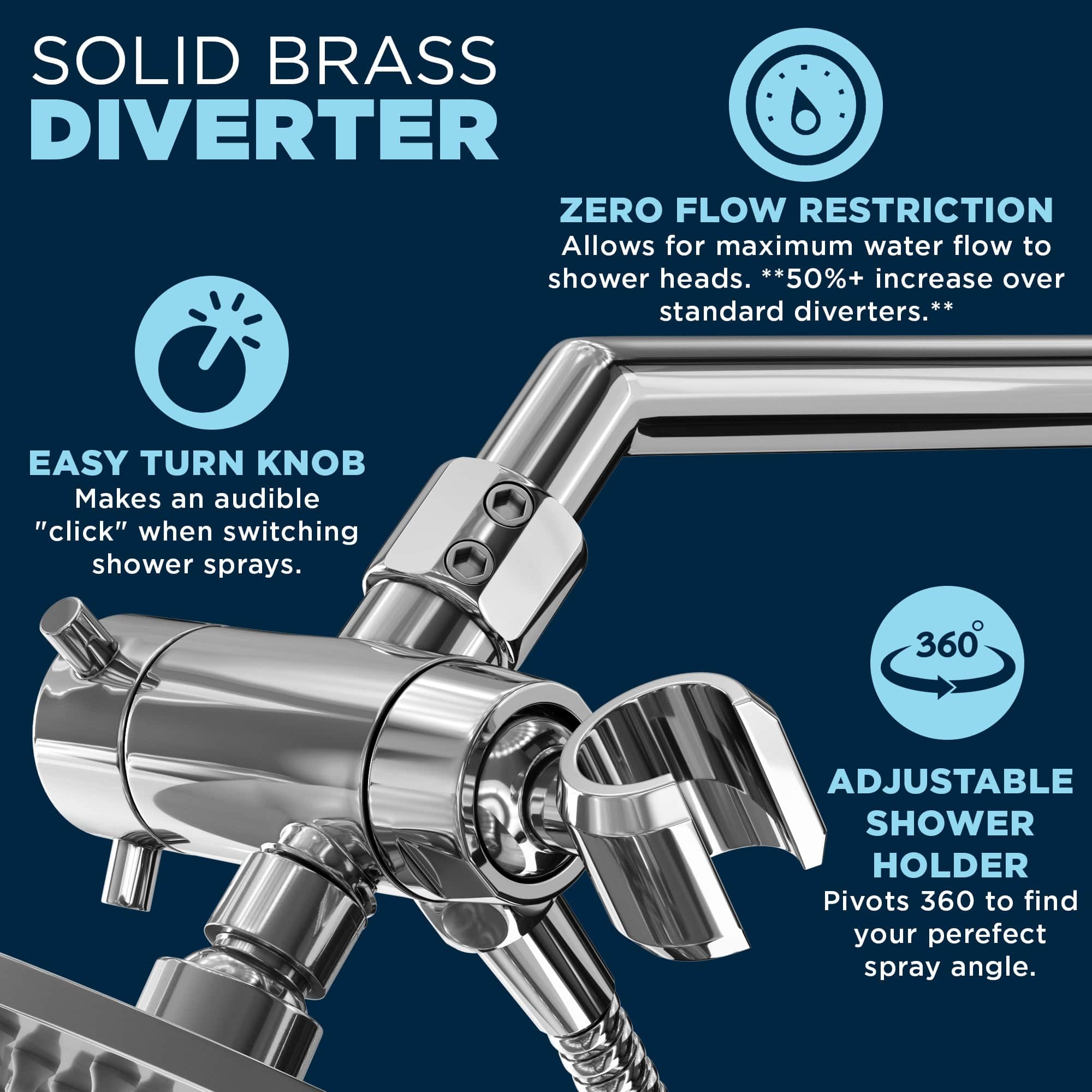 All Metal 3-Way Shower Arm Diverter with Holder For Dual Shower Heads ...