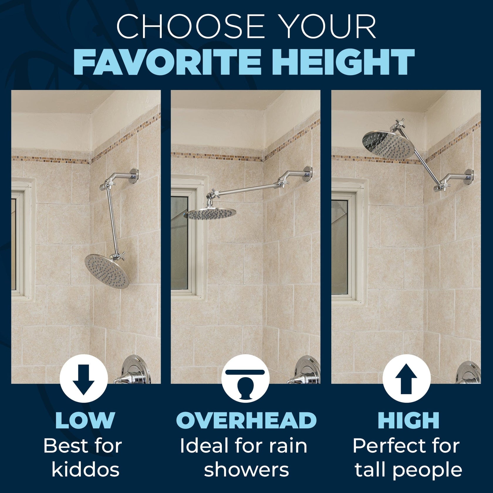 All Metal Adjustable Shower Arm Extension — Raise or Lower Shower Head ...