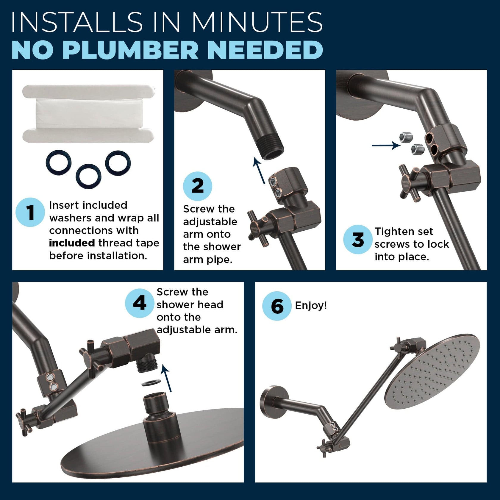 All Metal Adjustable Shower Arm Extension — Raise or Lower Shower Head ...