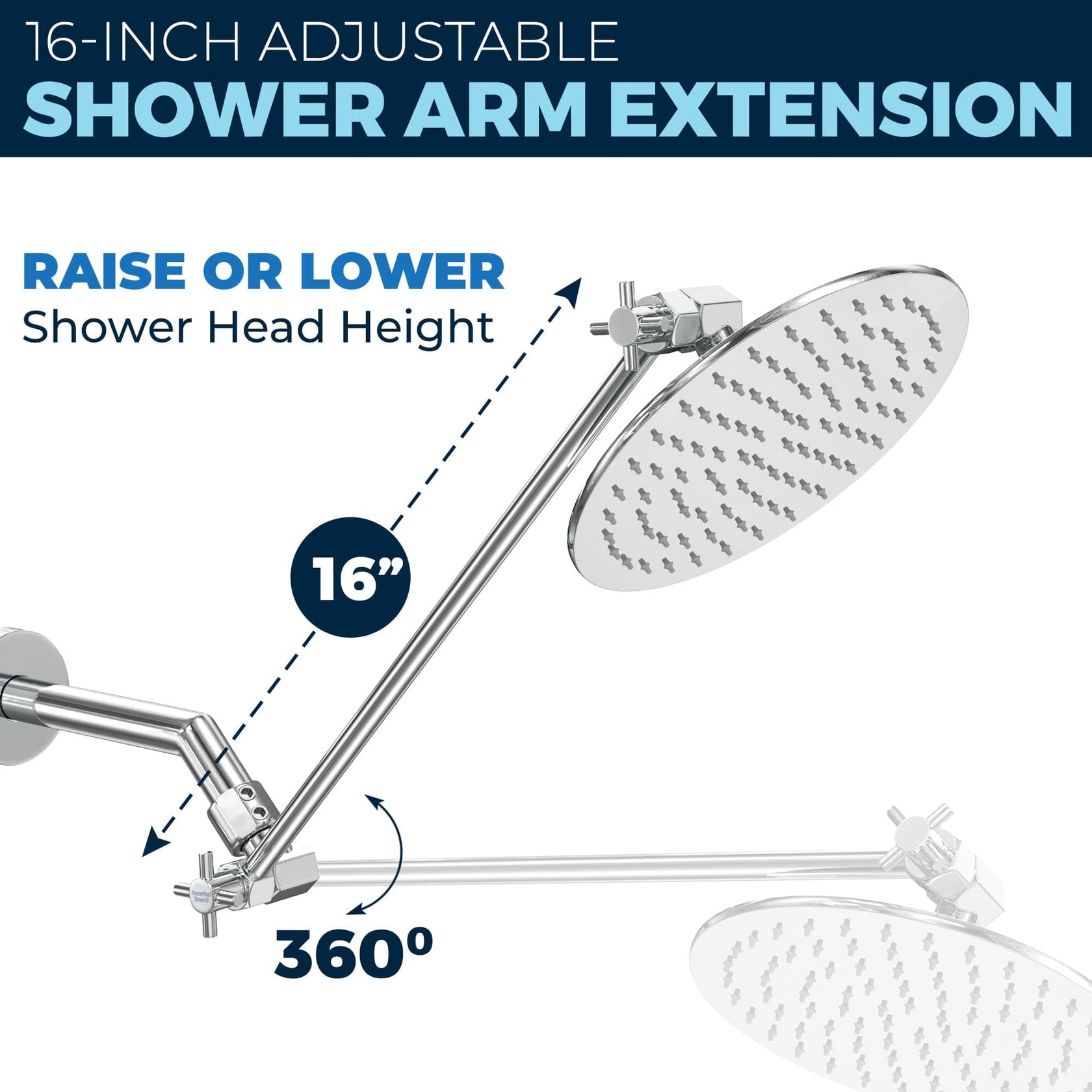 All Metal Adjustable Shower Arm Extension — Raise or Lower Shower Head ...