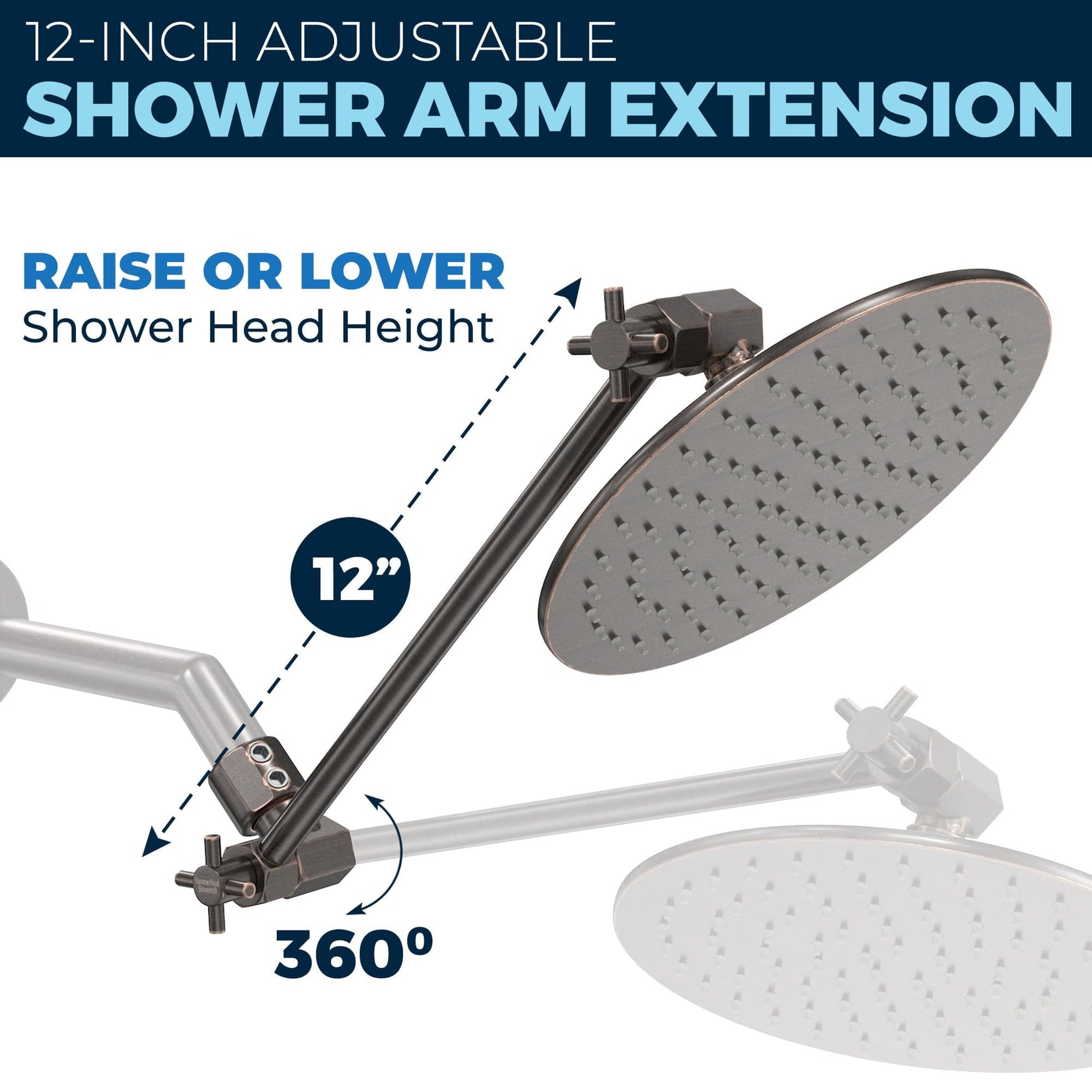 All Metal Adjustable Shower Arm Extension — Raise or Lower Shower Head ...