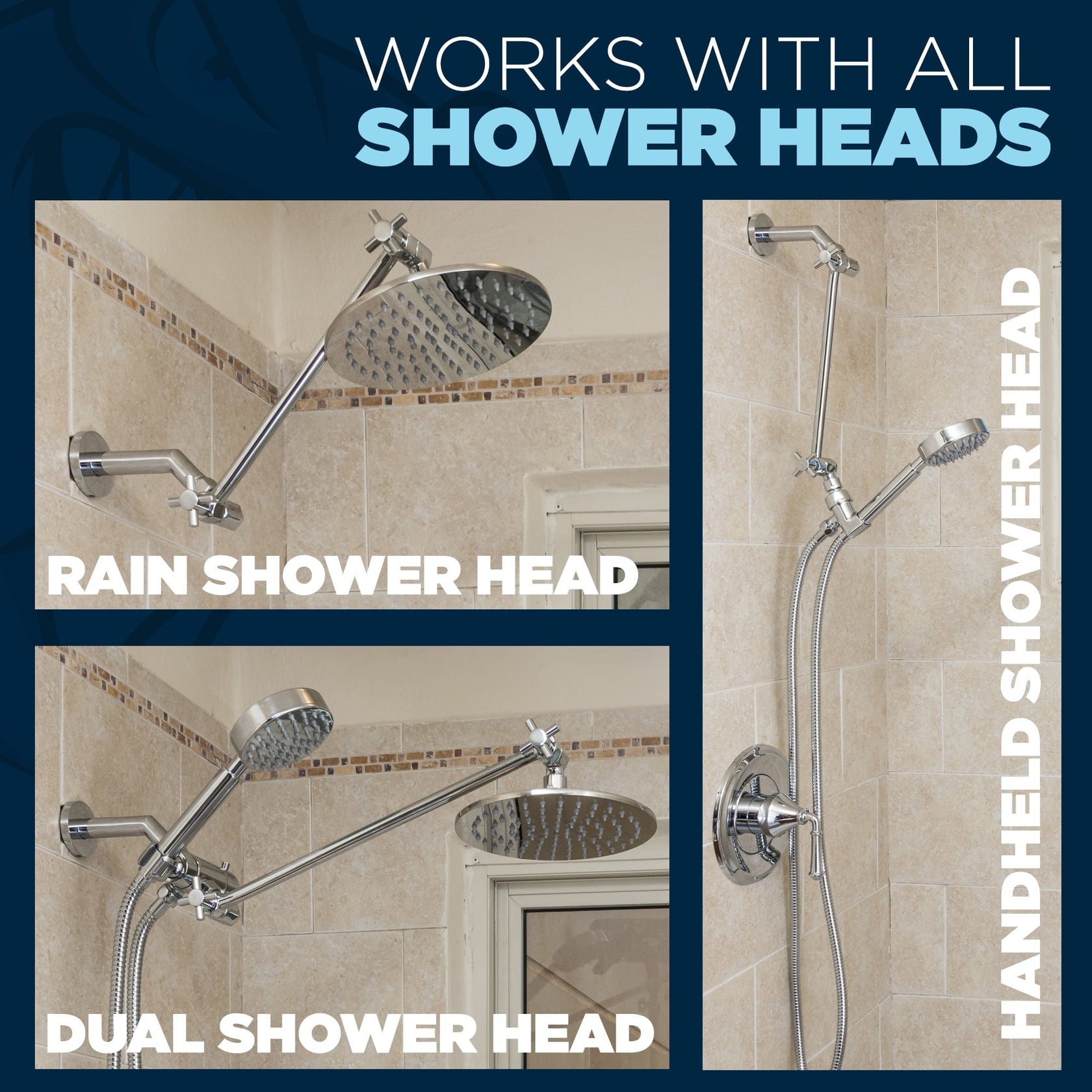 All Metal Adjustable Shower Arm Extension — Raise or Lower Shower Head ...